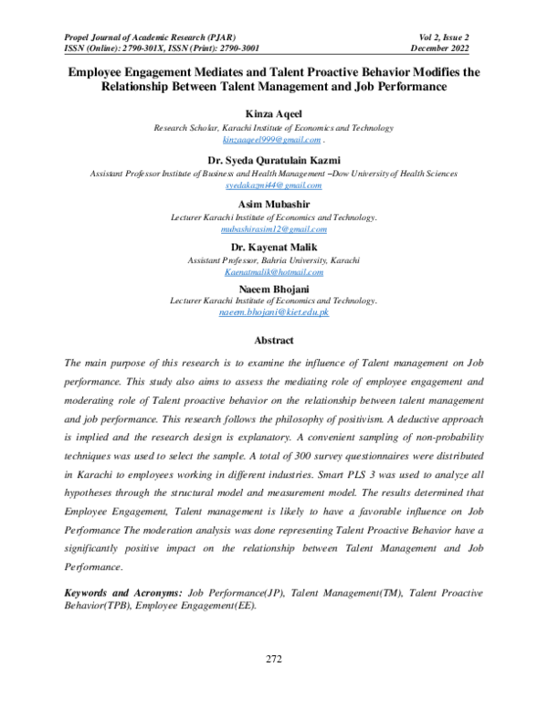 (PDF) Mediating Impact of Employee Engagement and Moderating impact of Talent Proactive Behavior ...