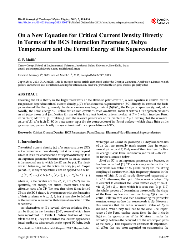 (PDF) On a New Equation for Critical Current Density Directly in Terms ...