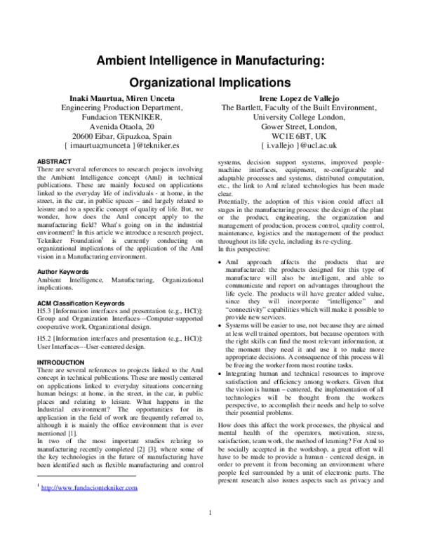(PDF) Ambient Intelligence in Manufacturing : Organizational Implications