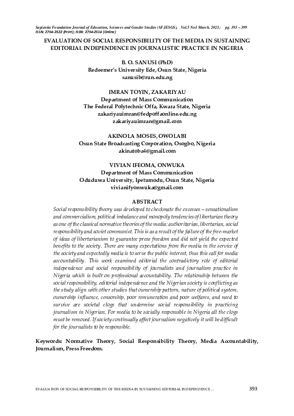 (PDF) EVALUATION OF SOCIAL RESPONSIBILITY OF THE MEDIA IN SUSTAINING ...