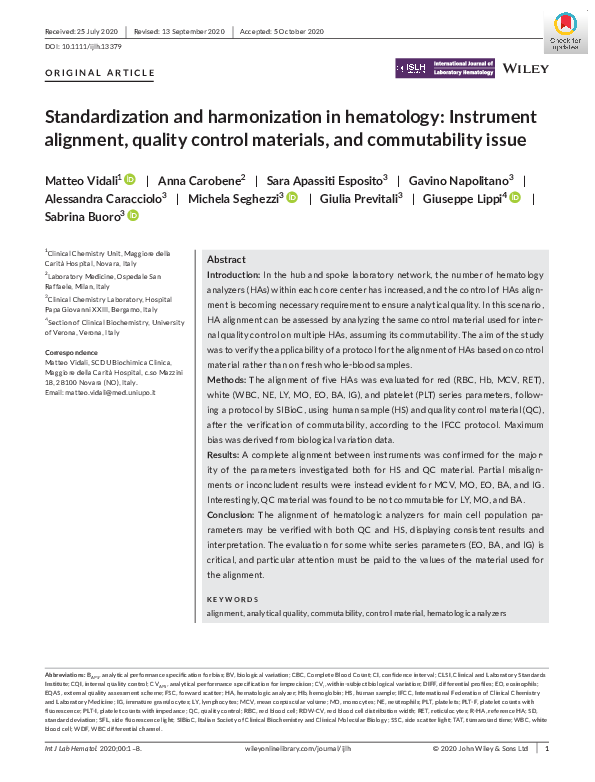 (PDF) Standardization and harmonization in hematology: Instrument ...