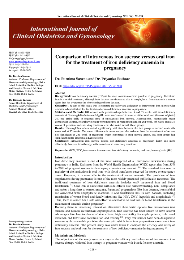 (PDF) Comparison of intravenous iron sucrose versus oral iron for the treatment of iron ...
