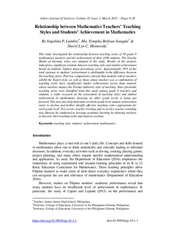 (PDF) Relationship between Mathematics Teachers’ Teaching Styles and Students’ Achievement in ...
