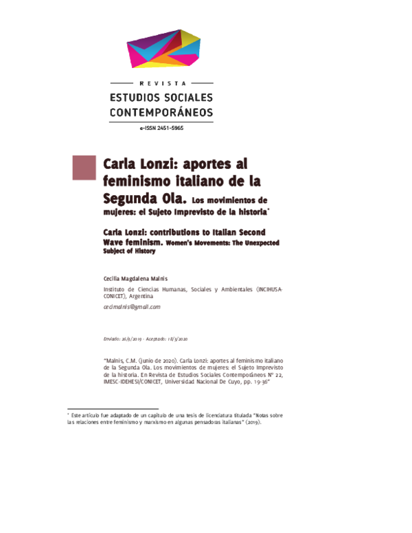 (PDF) Carla Lonzi: aportes al feminismo italiano de la Segunda Ola: Los ...