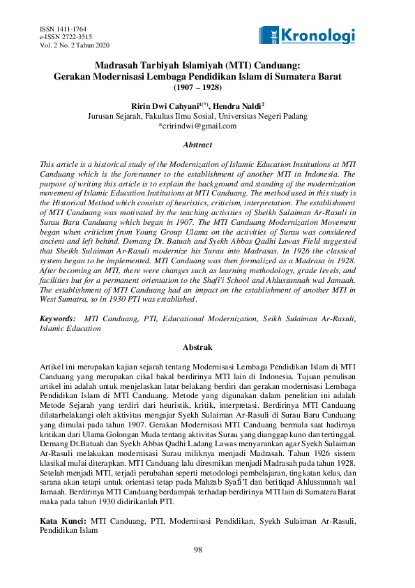 (PDF) Madrasah Tarbiyah Islamiyah (MTI) Canduang: Gerakan Modernisasi Lembaga Pendidikan Islam ...