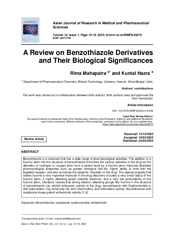 (PDF) A Review on Benzothiazole Derivatives and Their Biological Significances