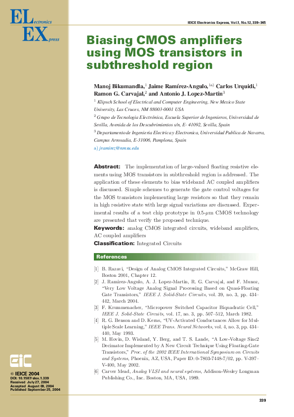 (PDF) Biasing CMOS amplifiers using MOS transistors in subthreshold region