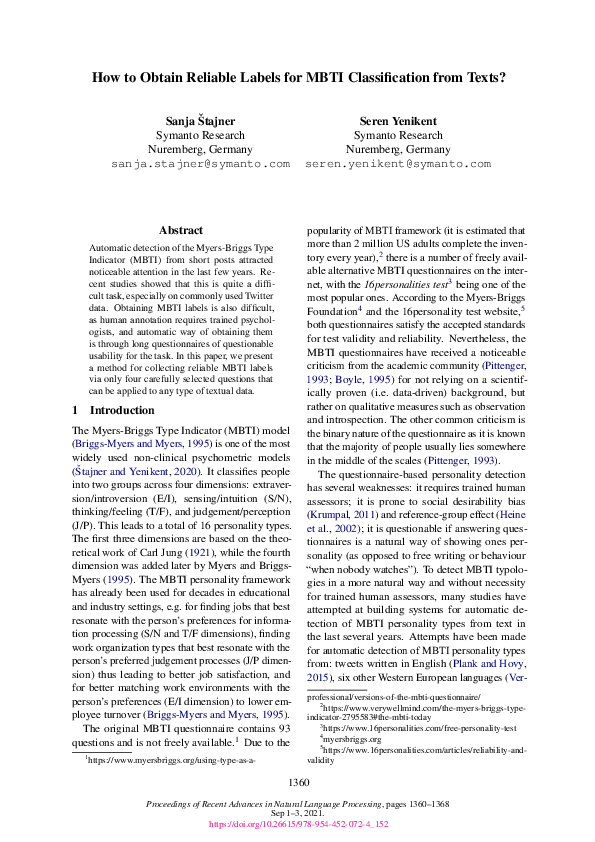 (PDF) How to Obtain Reliable Labels for MBTI Classification from Texts?