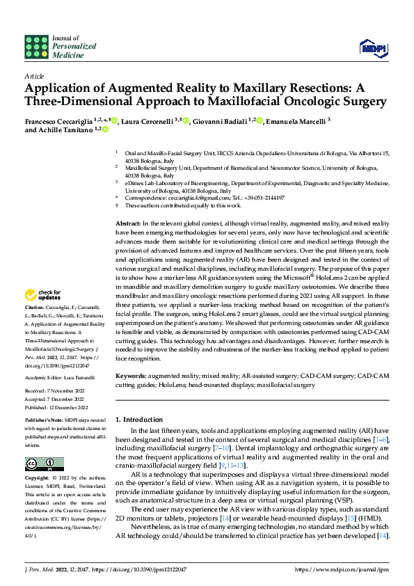 Pdf Application Of Augmented Reality To Maxillary Resections A Three Dimensional Approach To