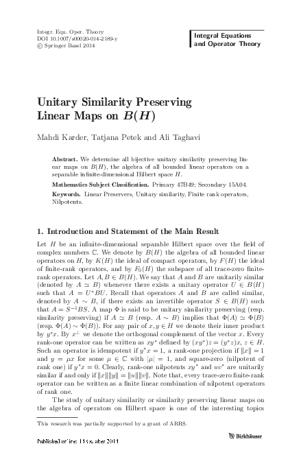 (PDF) Unitary Similarity Preserving Linear Maps on B(H)