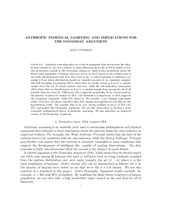 (PDF) Anthropic Indexical Sampling and Implications for The Doomsday ...