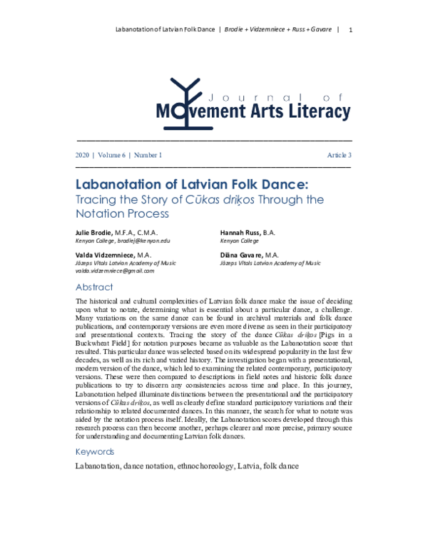 (PDF) Labanotation of Latvian Folk Dance: Tracing the Story of Cūkas ...