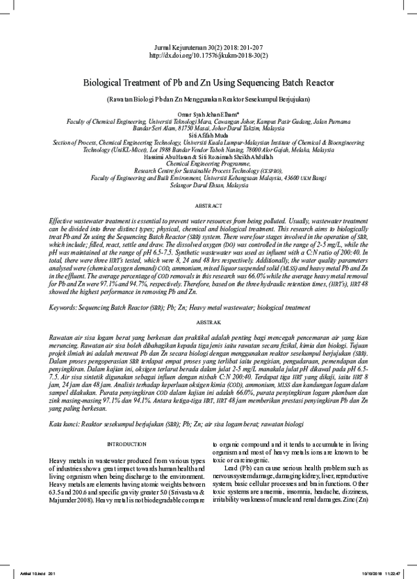 (PDF) Biological Treatment of Pb and Zn using Sequencing Batch Reactor | omar syah jehan Elham ...