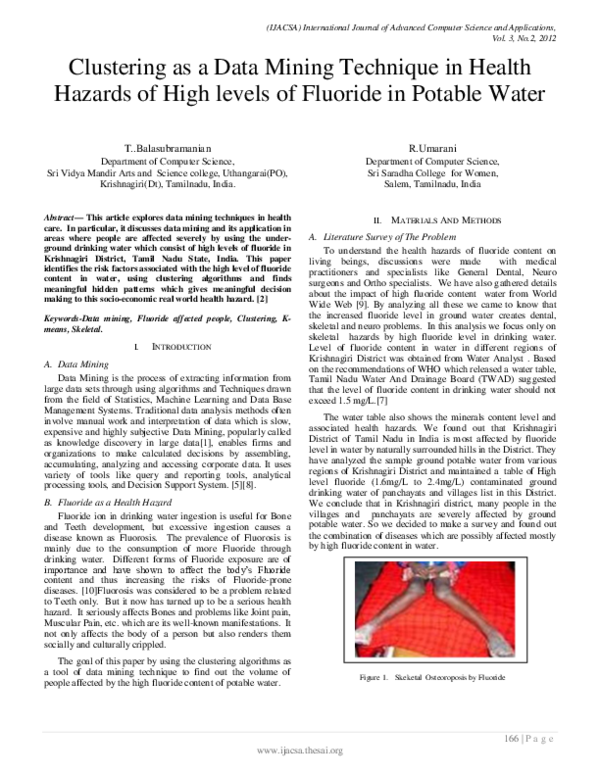 (PDF) Clustering as a Data Mining Technique in Health Hazards of High levels of Fluoride in ...