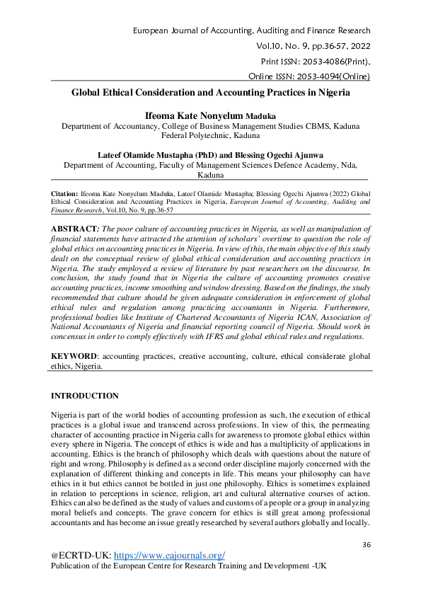 (PDF) Global Ethical Consideration and Accounting Practices in Nigeria