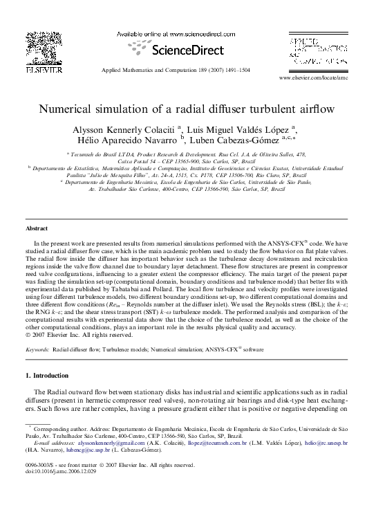(PDF) Numerical simulation of a radial diffuser turbulent airflow | luisa maria lindo lopez ...