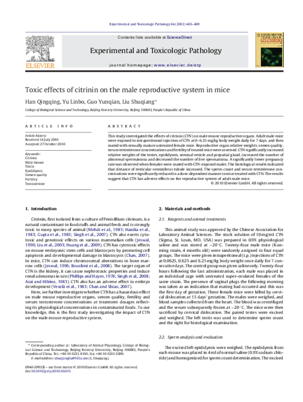 (PDF) Toxic effects of citrinin on the male reproductive system in mice