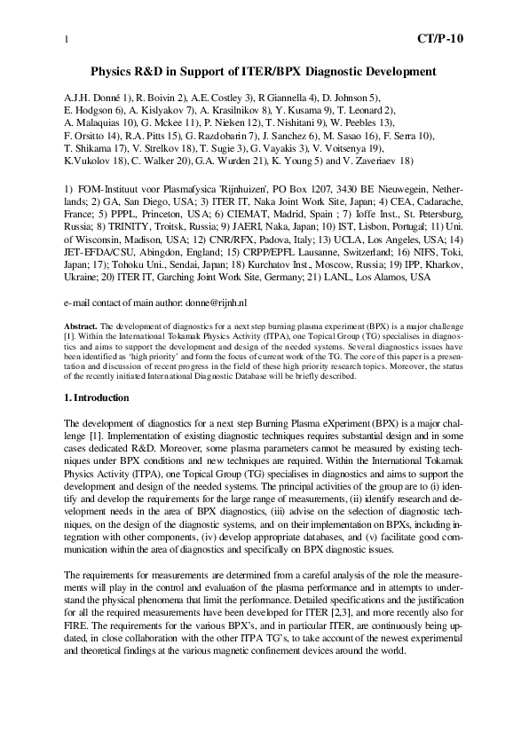 (PDF) Physics R&D in support of ITER/BPX Diagnostic Development