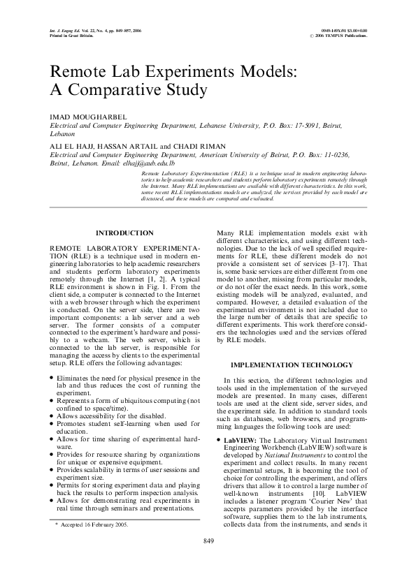 (PDF) Remote lab experiments models: a comparative study