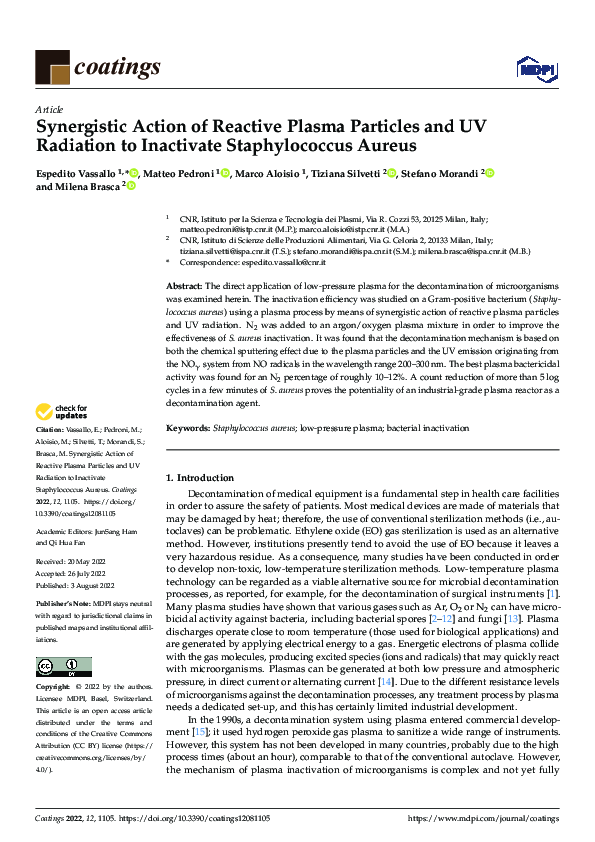 (PDF) Synergistic Action of Reactive Plasma Particles and UV Radiation ...