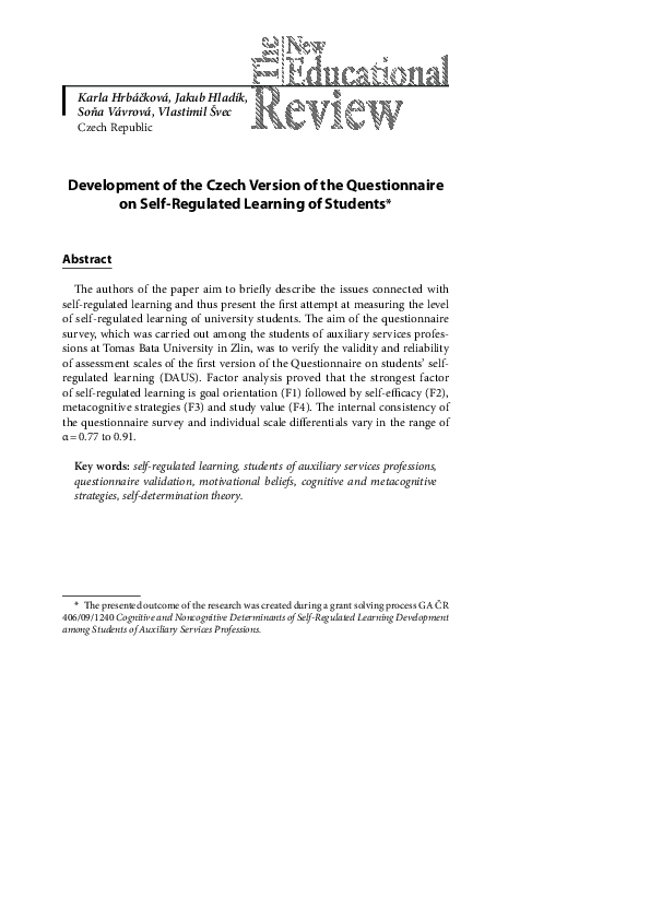 Pdf Development Of The Czech Version Of The Questionnaire On Self Regulated Learning Of