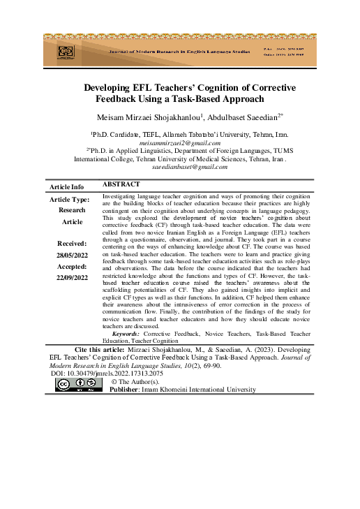 (PDF) Developing EFL Teachers' Cognition of Corrective Feedback Using a Task-Based Approach