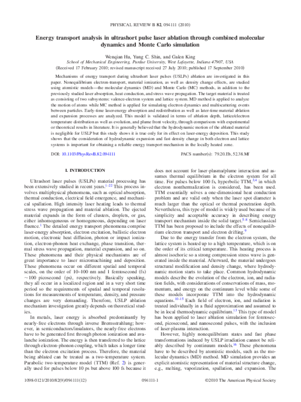 (PDF) Energy transport analysis in ultrashort pulse laser ablation through combined molecular ...