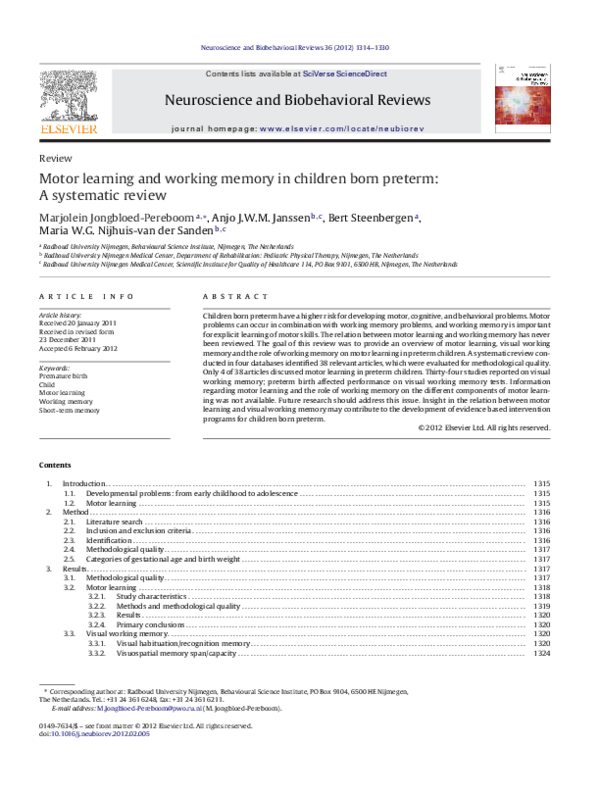 (PDF) Motor learning and working memory in children born preterm: A systematic review | Anjo J.w ...