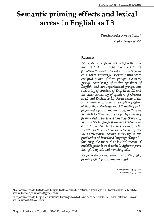 (PDF) Semantic priming effects and lexical access in English as L3