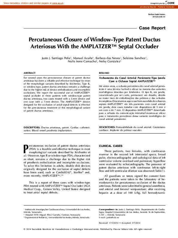 (PDF) Percutaneous Closure of Window-Type Patent Ductus Arteriosus With ...