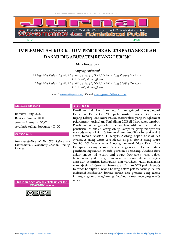 (PDF) Implementasi Kurikulum Pendidikan 2013 Pada Sekolah Dasar DI Kabupaten Rejang Lebong ...