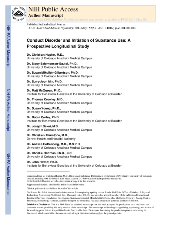 (PDF) Conduct Disorder and Initiation of Substance Use: A Prospective ...