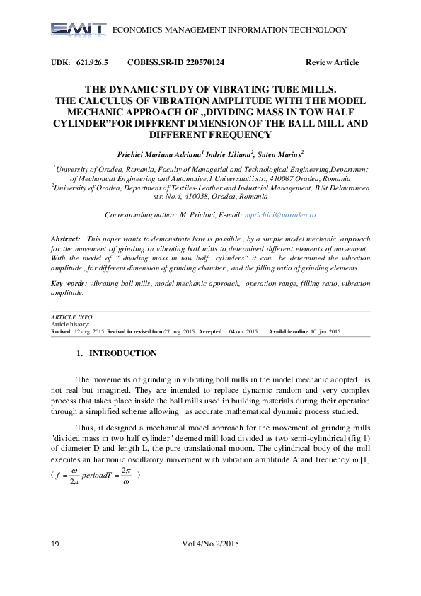 (PDF) The Dynamic Study of Vibrating Tube Mills. The Calculus of Vibration Amplitude with the ...