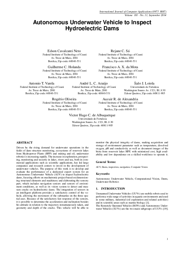 (PDF) Autonomous Underwater Vehicle to Inspect Hydroelectric Dams