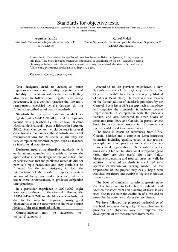(PDF) Standards for Objective Tests | Agustin Tristan - Academia.edu