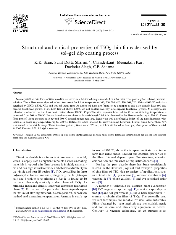 (PDF) Structural and optical properties of TiO2 thin films derived by sol–gel dip coating process