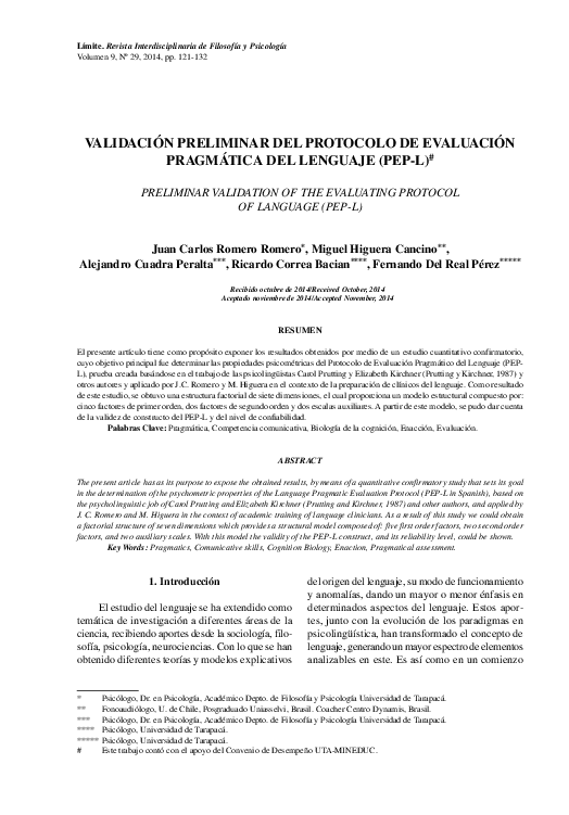 (PDF) Validación Preliminar Del Protocolo De Evaluación Pragmática Del Lenguaje (Pep-L)