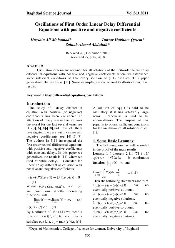 (PDF) Oscillations of First Order Linear Delay Differential Equations ...