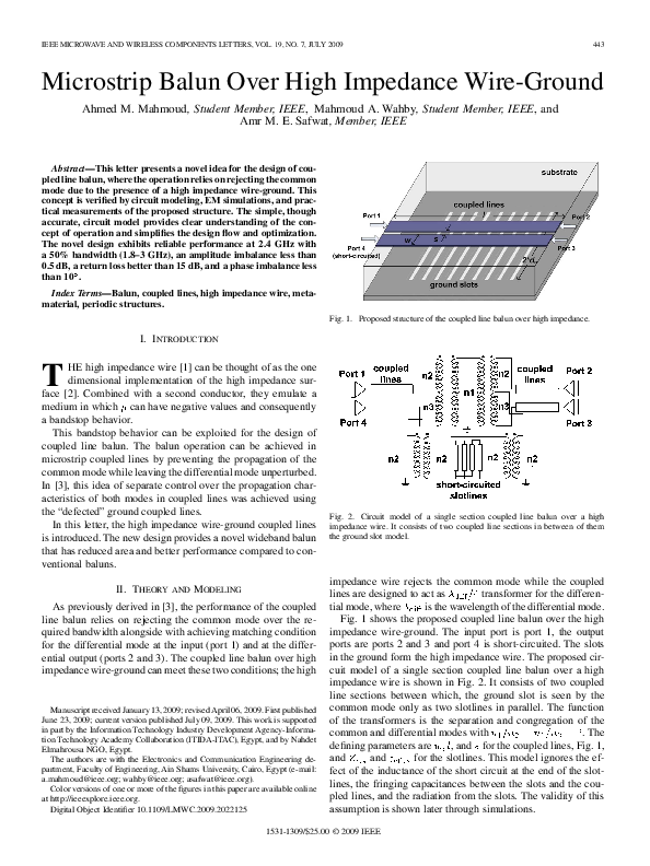 (PDF) Microstrip Balun Over High Impedance Wire-Ground