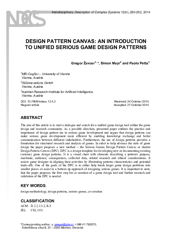 (PDF) Design Pattern Canvas: An Introduction to Unified Serious Game ...