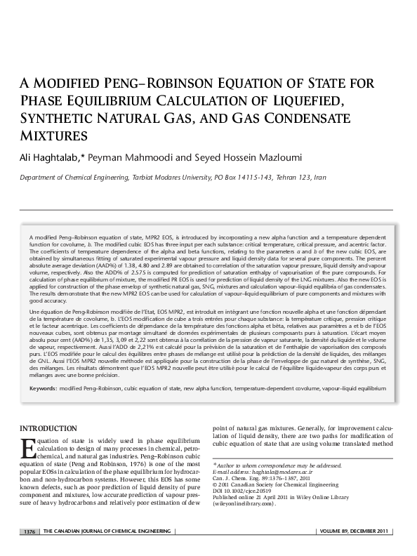(PDF) A modified Peng-Robinson equation of state for phase equilibrium ...