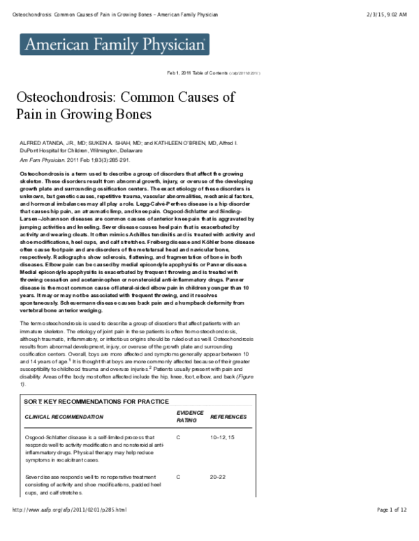 (PDF) Osteochondrosis: common causes of pain in growing bones | Kathleen OBrien - Academia.edu
