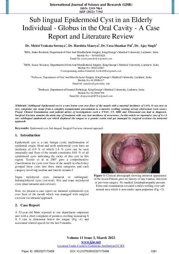 Pdf Sub Lingual Epidermoid Cyst In An Elderly Individual Globus In The Oral Cavity A Case