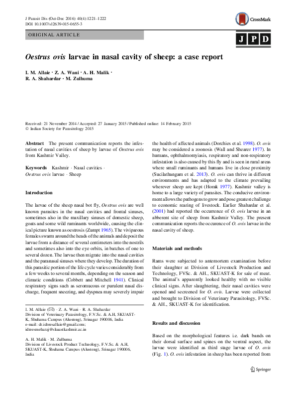 (PDF) Oestrus ovis larvae in nasal cavity of sheep: a case report