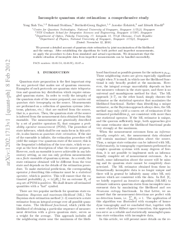 (PDF) Incomplete quantum state estimation: A comprehensive study