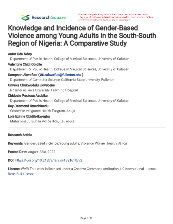 (PDF) Knowledge and Incidence of Gender-Based Violence among Young Adults in the South-South ...