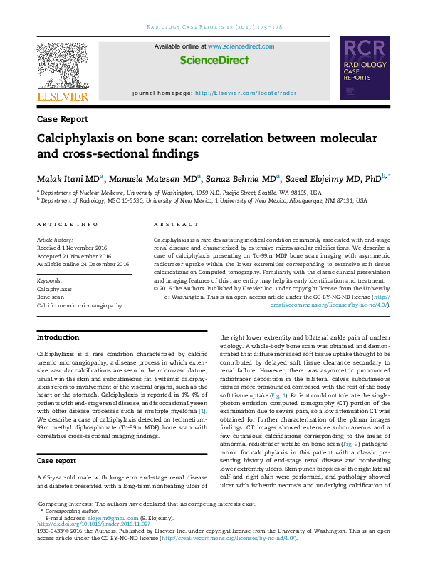 (PDF) Calciphylaxis on bone scan: correlation between molecular and ...