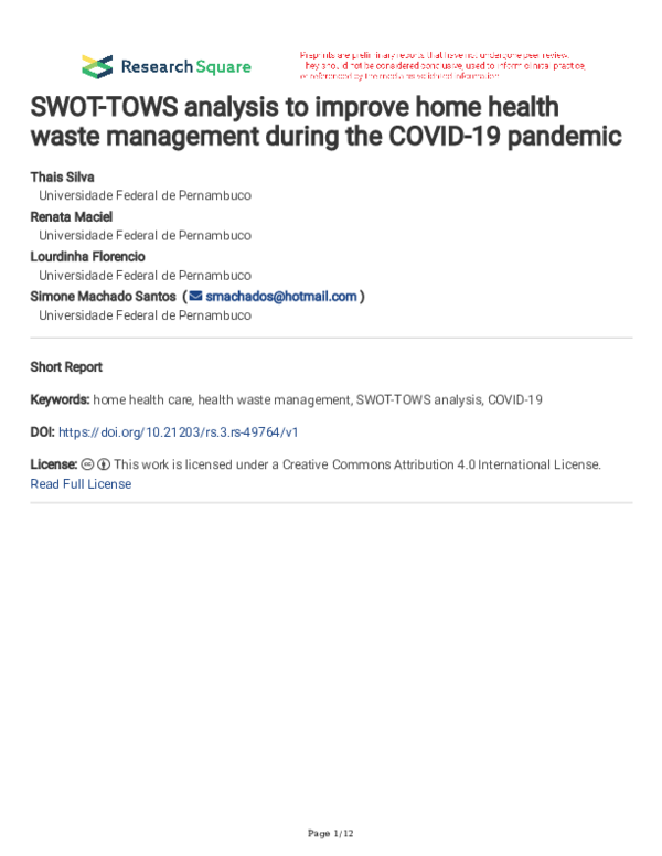 (PDF) Improving Home Health Waste Management with SWOT-TOWS Analysis