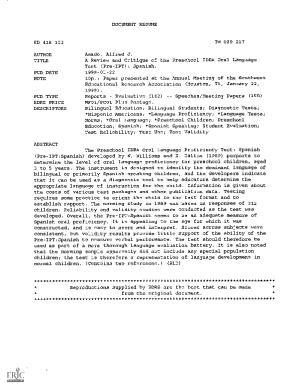 (PDF) A Review and Critique of the Preschool IDEA Oral Language Test ...