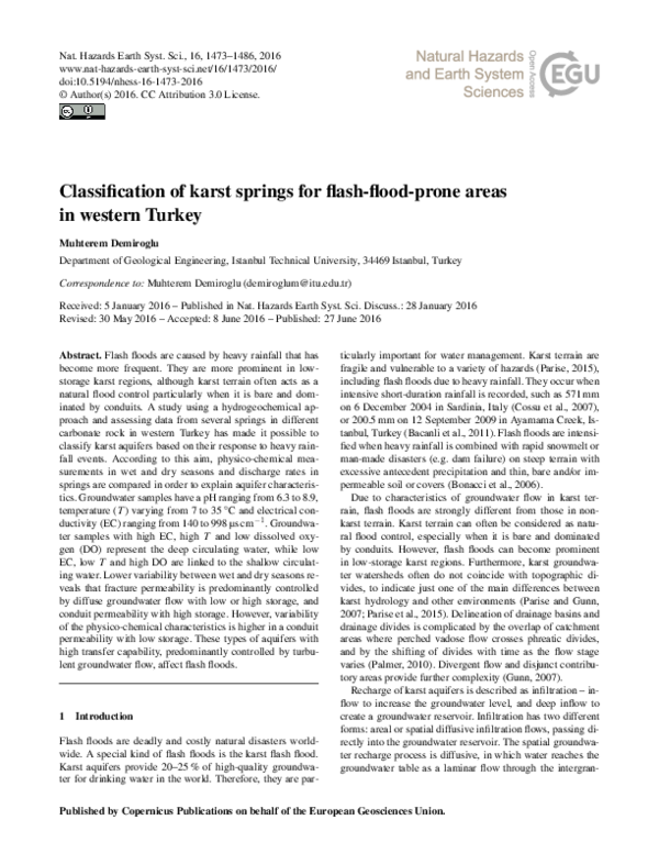 (PDF) Classification of karst springs for flash-flood-prone areas in western Turkey